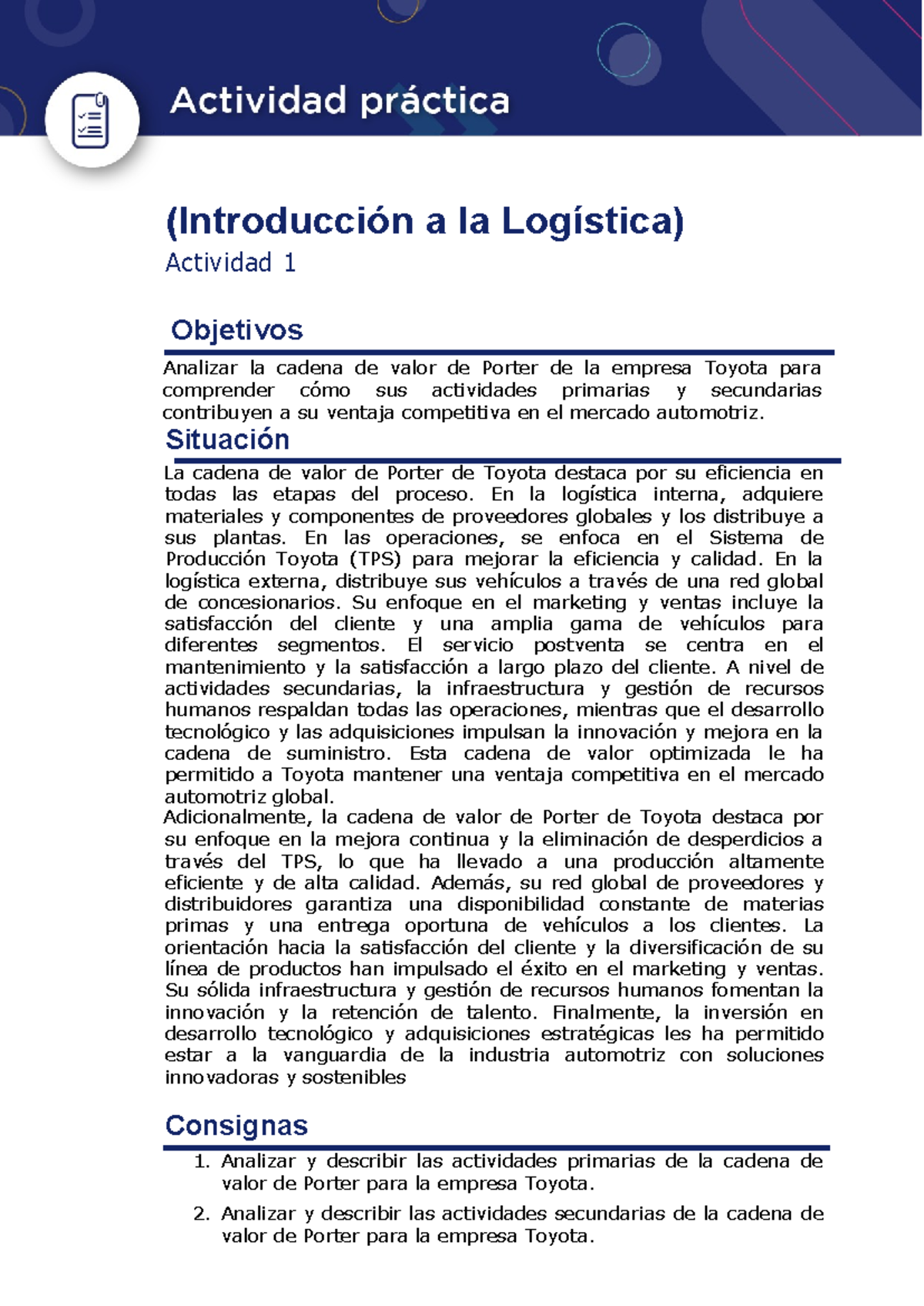 Introduccion a la logistica - (Introducción a la Logística) Actividad 1 Objetivos Analizar la ...