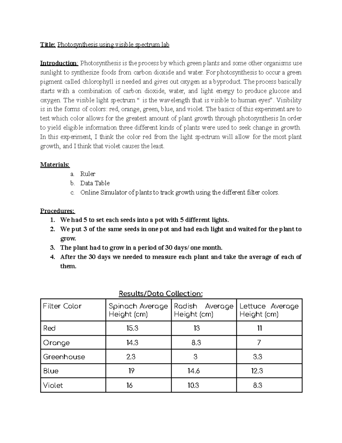 Lab Report Two - Title: Photosynthesis using visible spectrum lab ...