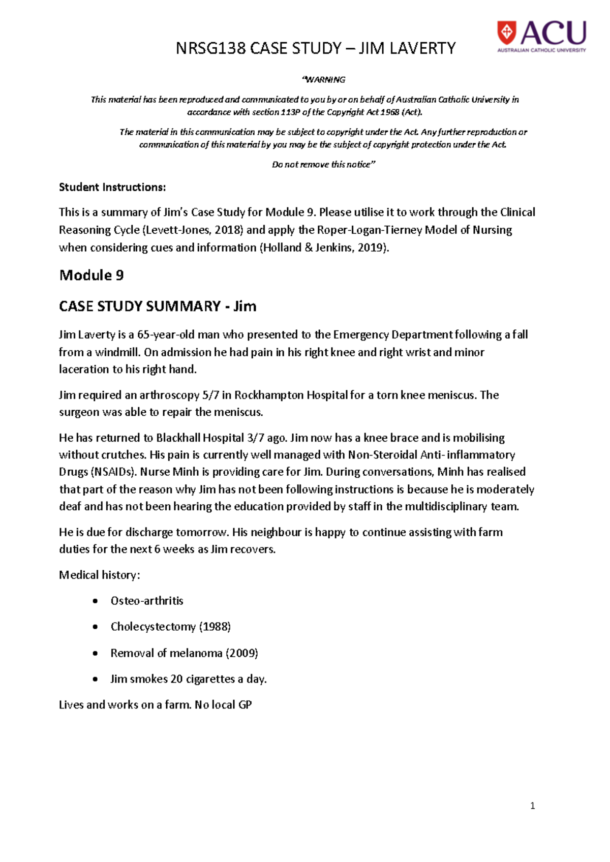 Jim Case Study Module 9 - NRSG138 CASE STUDY – JIM LAVERTY 1 “WARNING ...