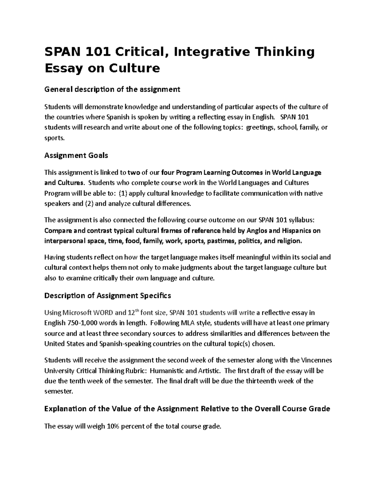 SPAN 101 Critical, Integrative Thinking Essay on Culture, Revised ...
