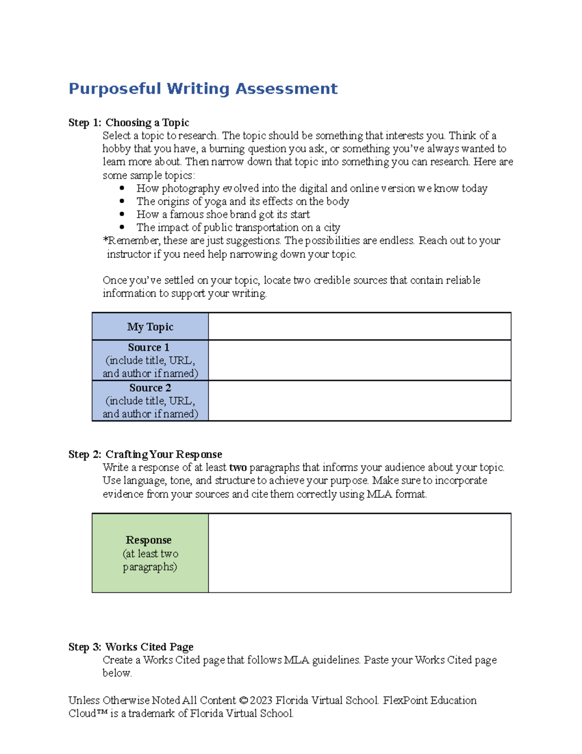 01 03 purposeful writing - Purposeful Writing Assessment Step 1 ...