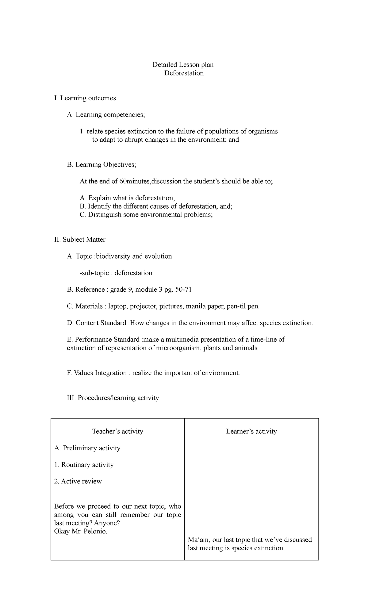 Lesson plan in deforestation - Detailed Lesson plan Deforestation I ...