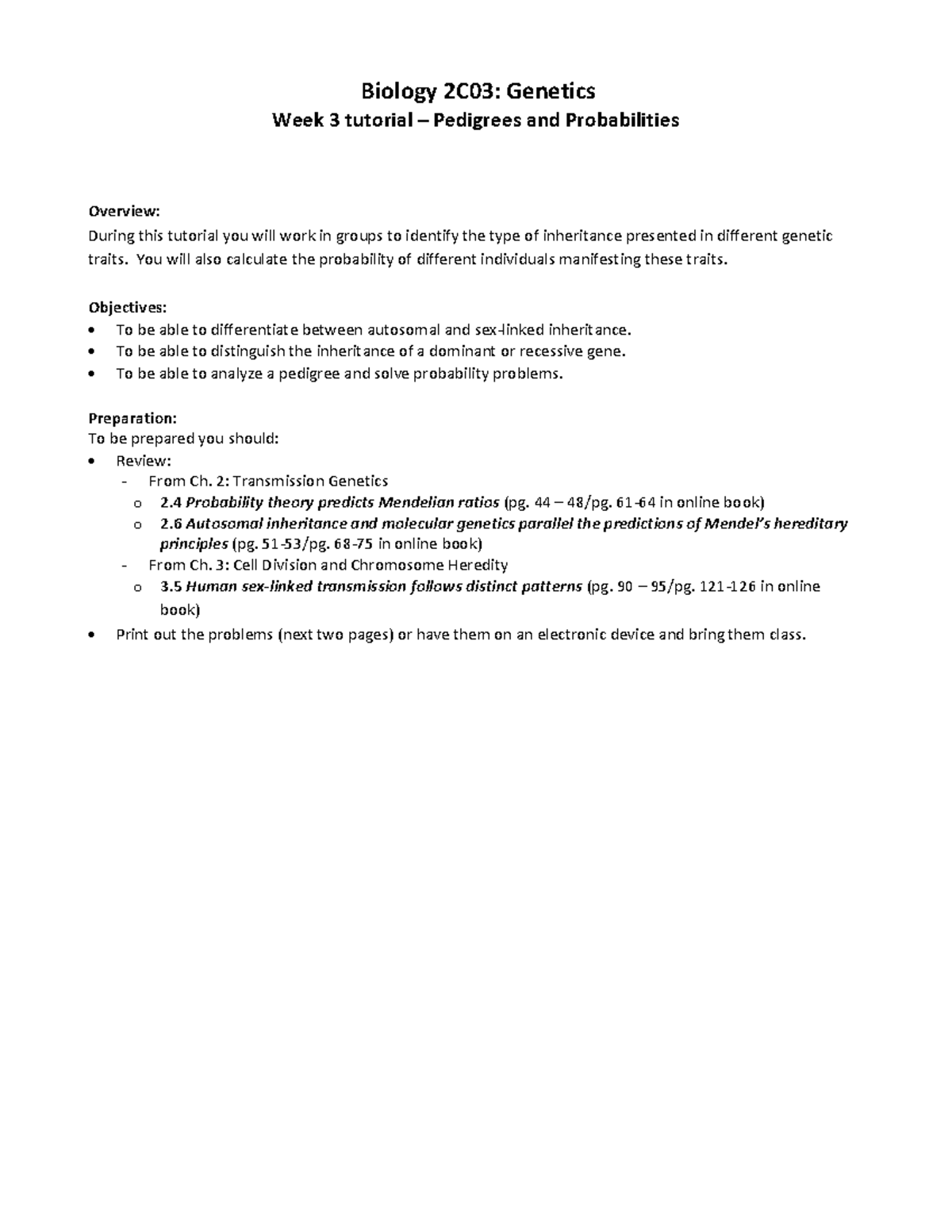 Week 3 tutorial guide- Pedigrees and probabilities - Bio - Biology 2C03: Genetics Week 3 ...