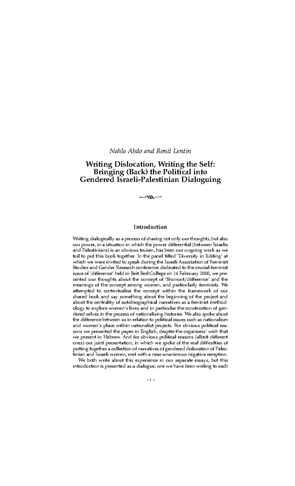 10 - notes for class - Nahla Abdo and Ronit Lentin Writing Dislocation ...