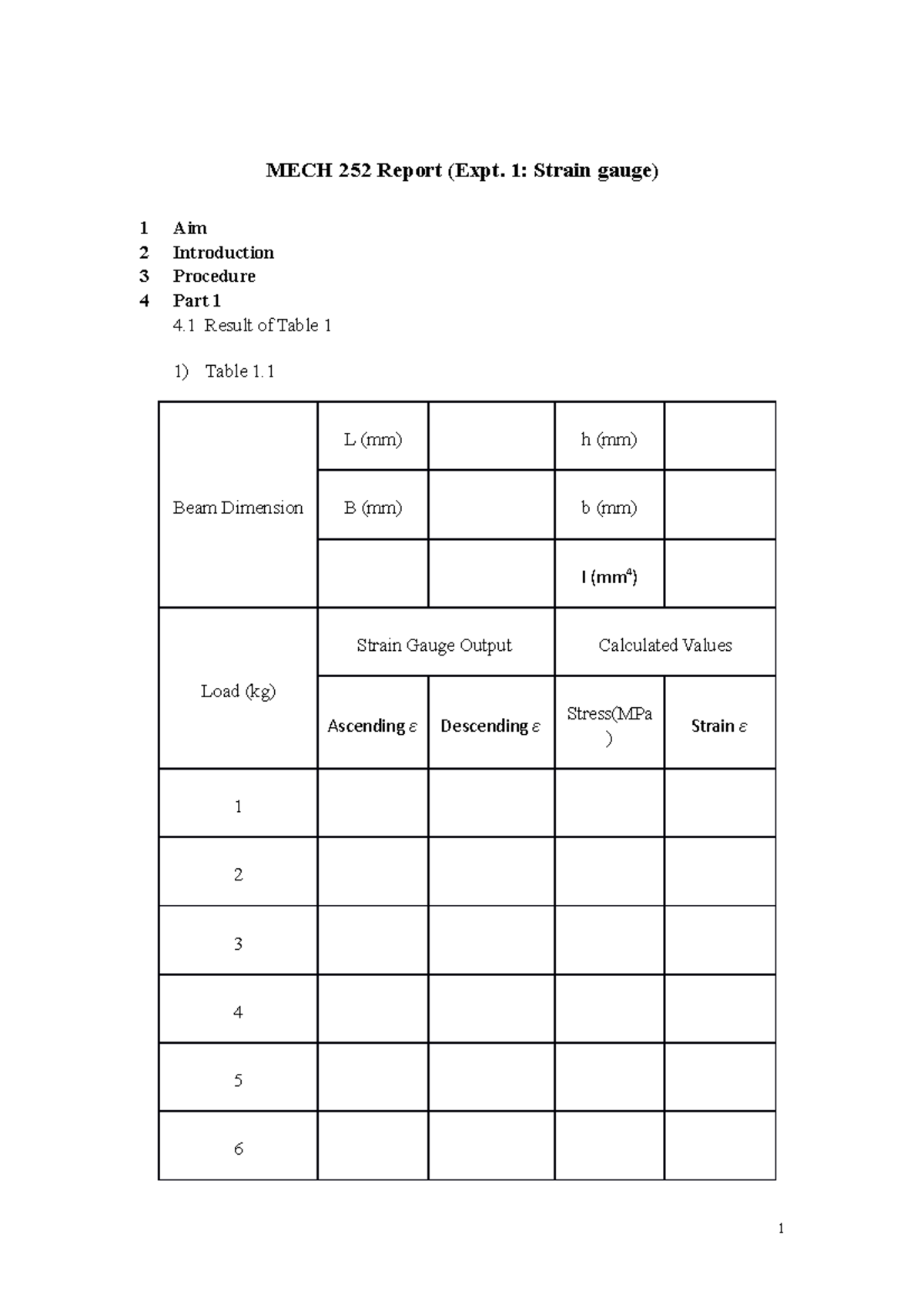 Report Template of Expt.1 Strain Guage - MECH 252 Report (Expt. 1 ...