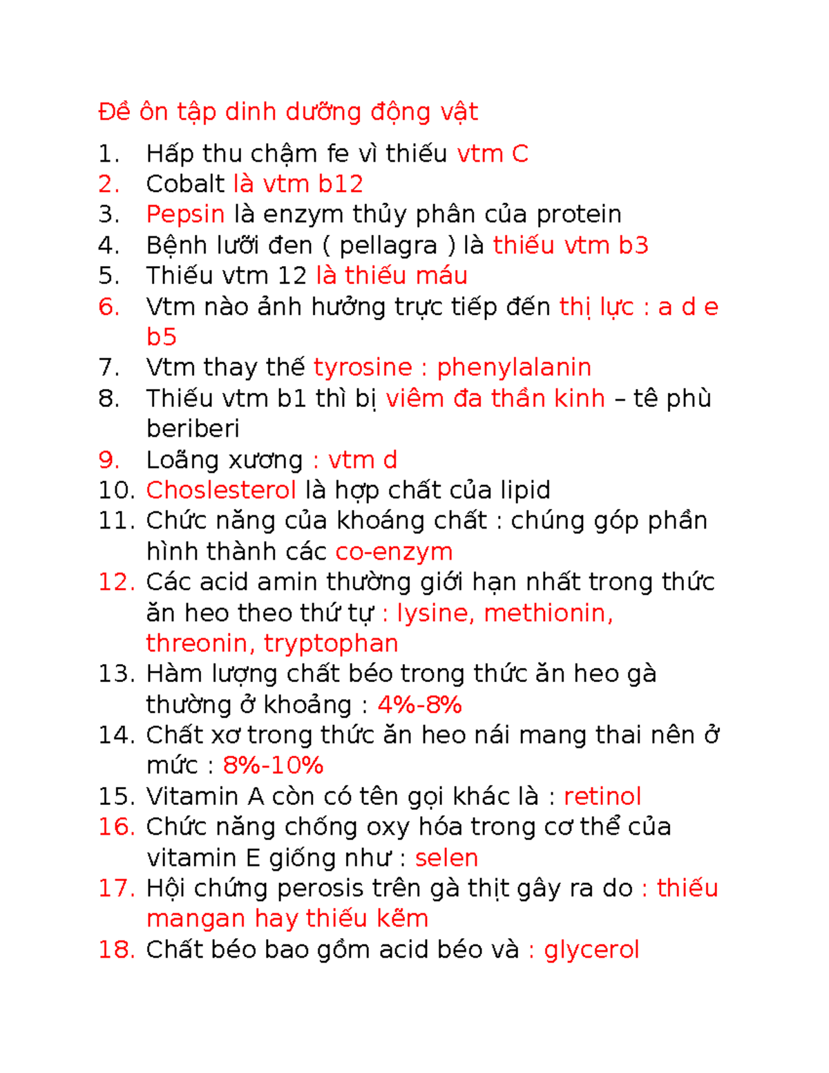 Dinh dưỡng động vật - Hấp thu chậm fe vì thiếu vtm C 2. Cobalt là vtm b ...