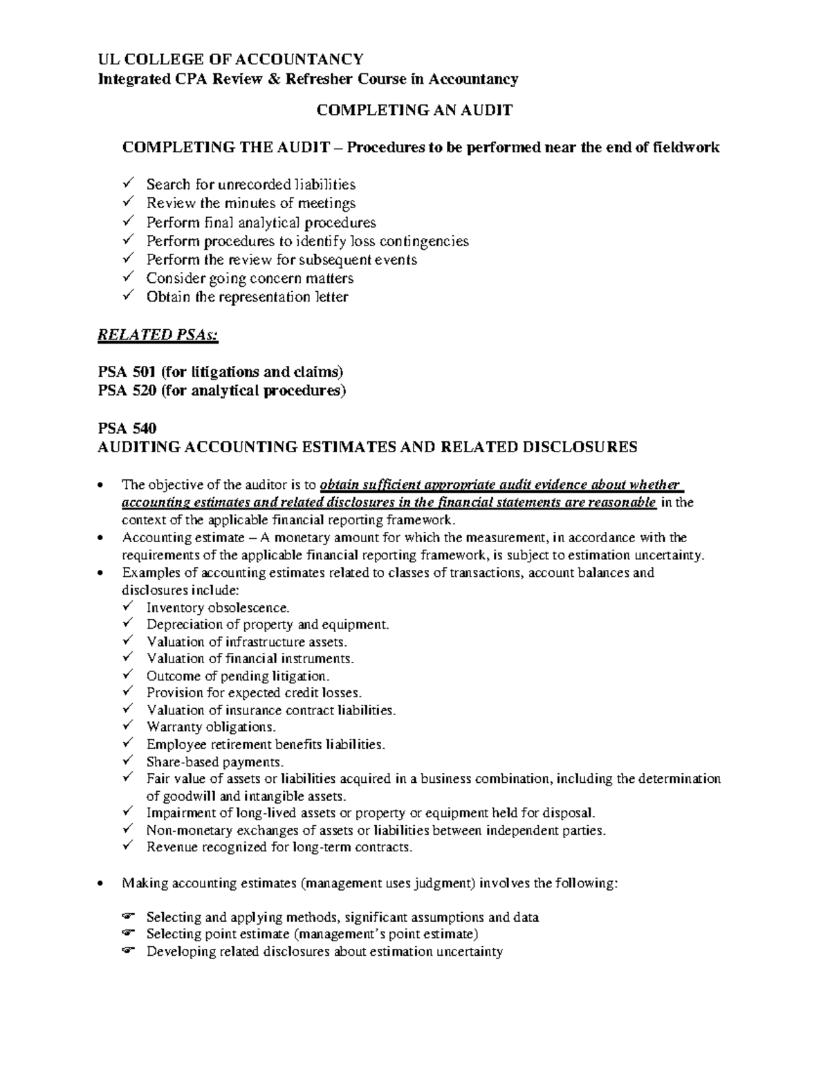 Completing the Audit - Integrated CPA Review & Refresher Course in ...