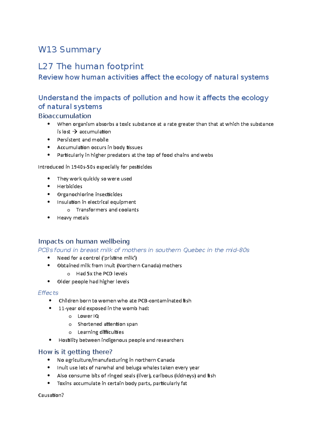 W13 Summary - Lecture Notes - W13 Summary L27 The human footprint ...