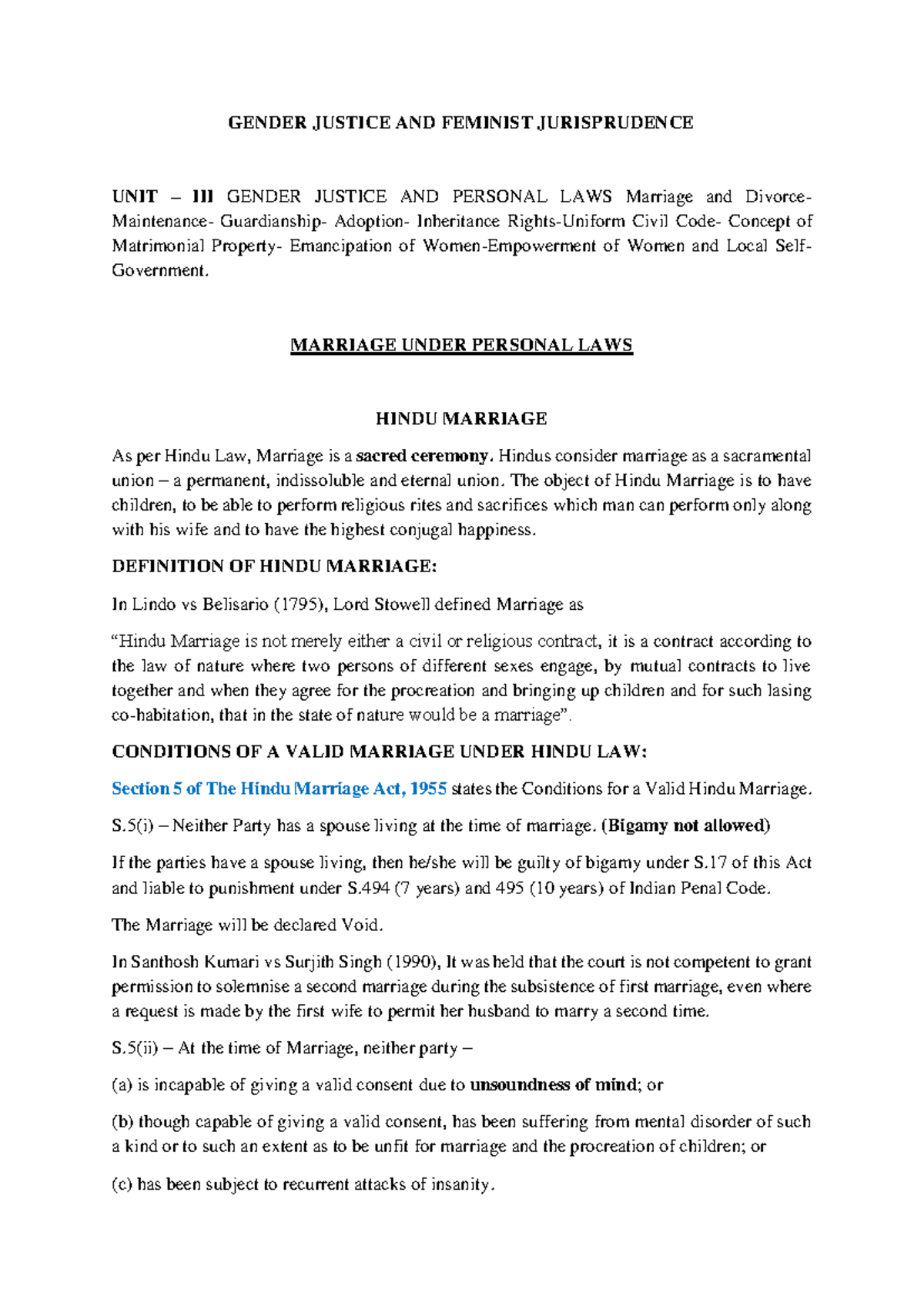 UNIT III - Gender Justice and Personal Laws - GENDER JUSTICE AND ...