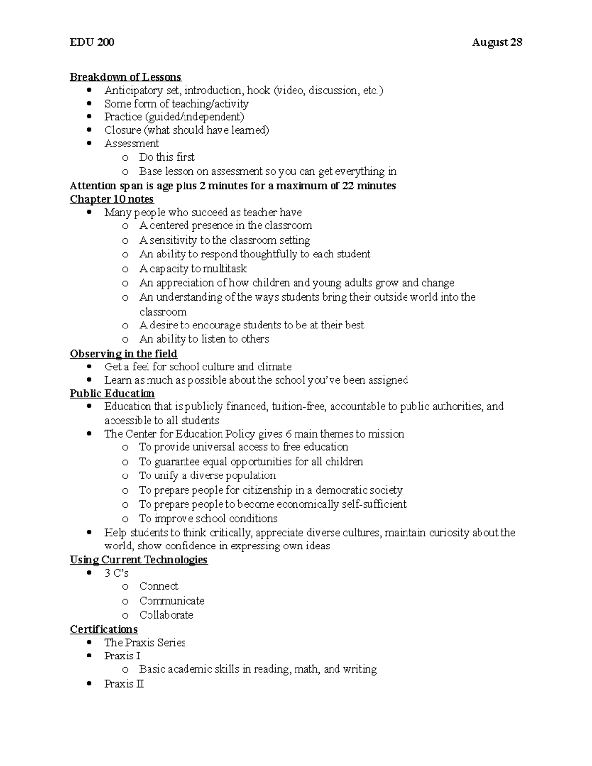 Mixed lecture/book notes 08/28 - EDU 200 August 28 Breakdown of Lessons ...