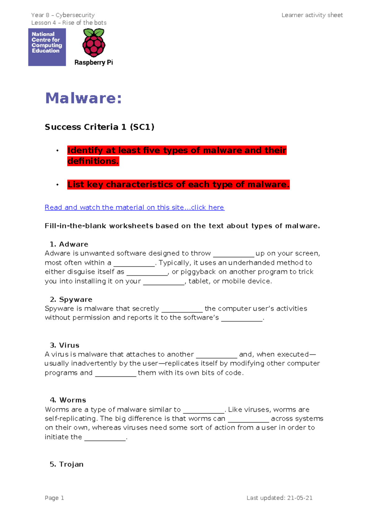 A2 Malware research SC1 - Year 8 – Cybersecurity Lesson 4 – Rise of the ...