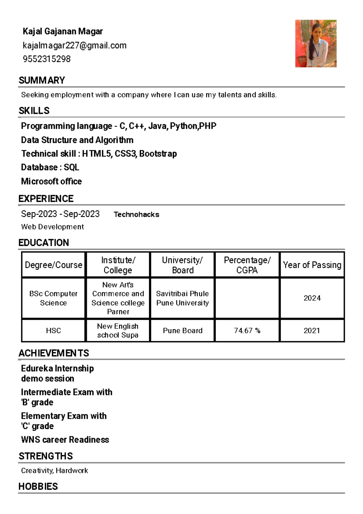 Resume Kajal Magar Format 1 - Kajal Gajanan Magar kajalmagar227@gmail ...