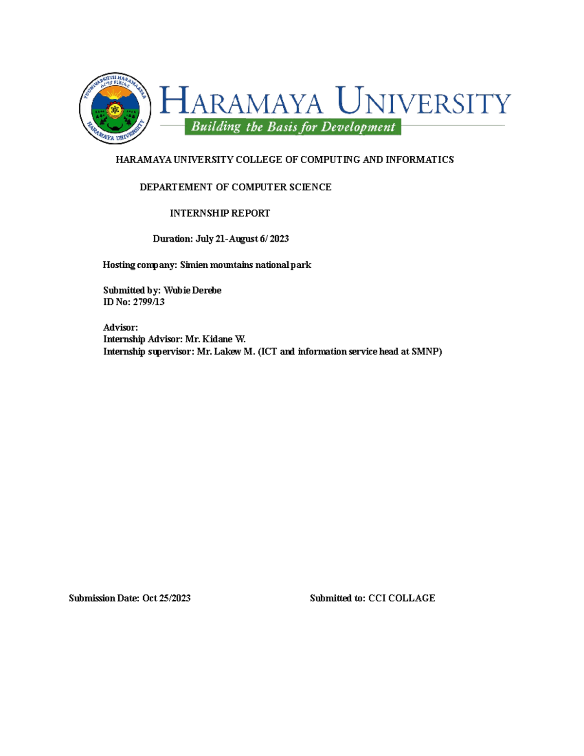 SMNP online TMS internship wubie derebe id 2799-13 - HARAMAYA UNIVERSITY COLLEGE OF COMPUTING ...