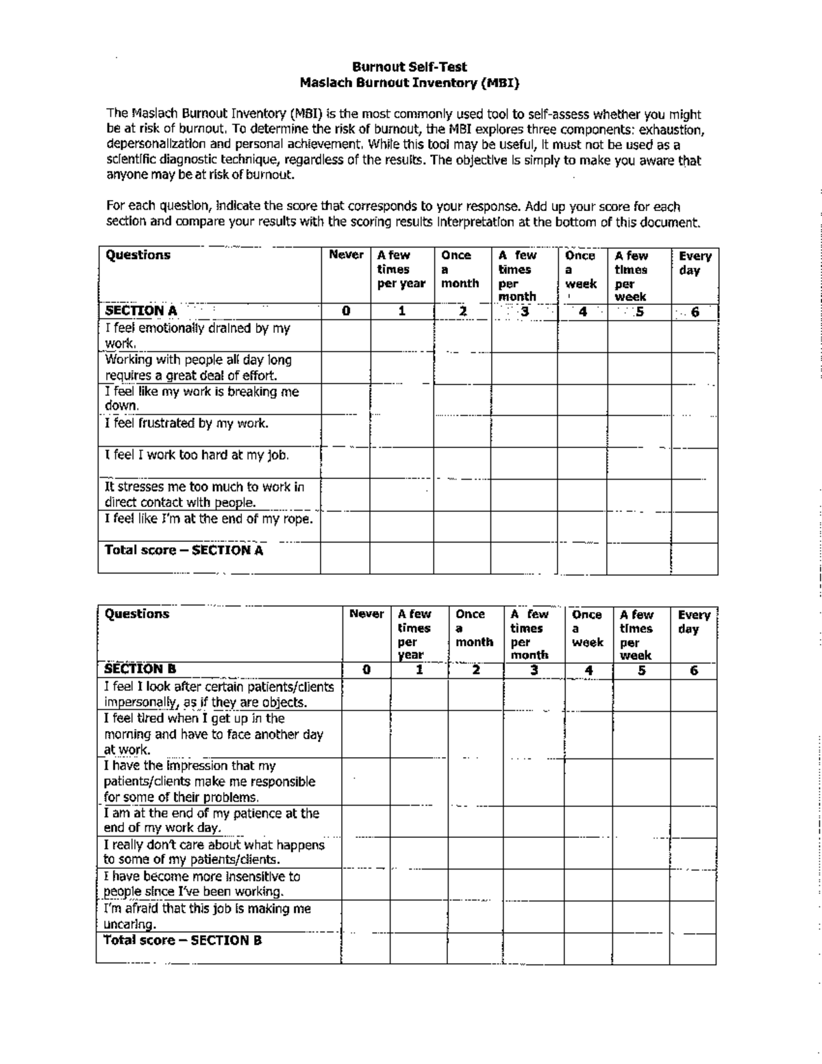 Maslach Burnout Inventory - To determine the risk of burnout, the MBI ...