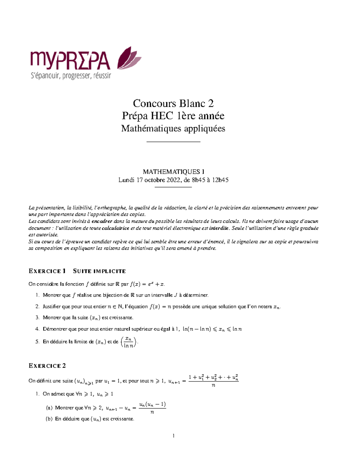 CB 2.1 22 23 appli - sujet - Concours Blanc 2 Prépa HEC 1ère année Mathématiques appliquées ...