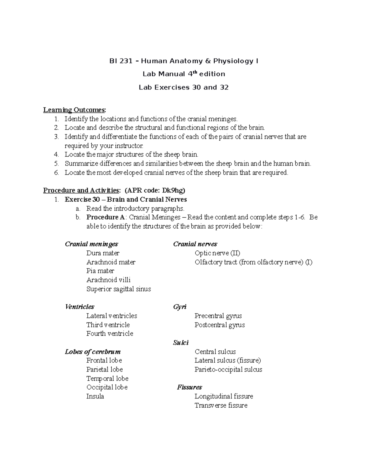 Lab 9 The Brain and Cranial Nerves online - BI 231 – Human Anatomy & Physiology I Lab Manual 4th ...