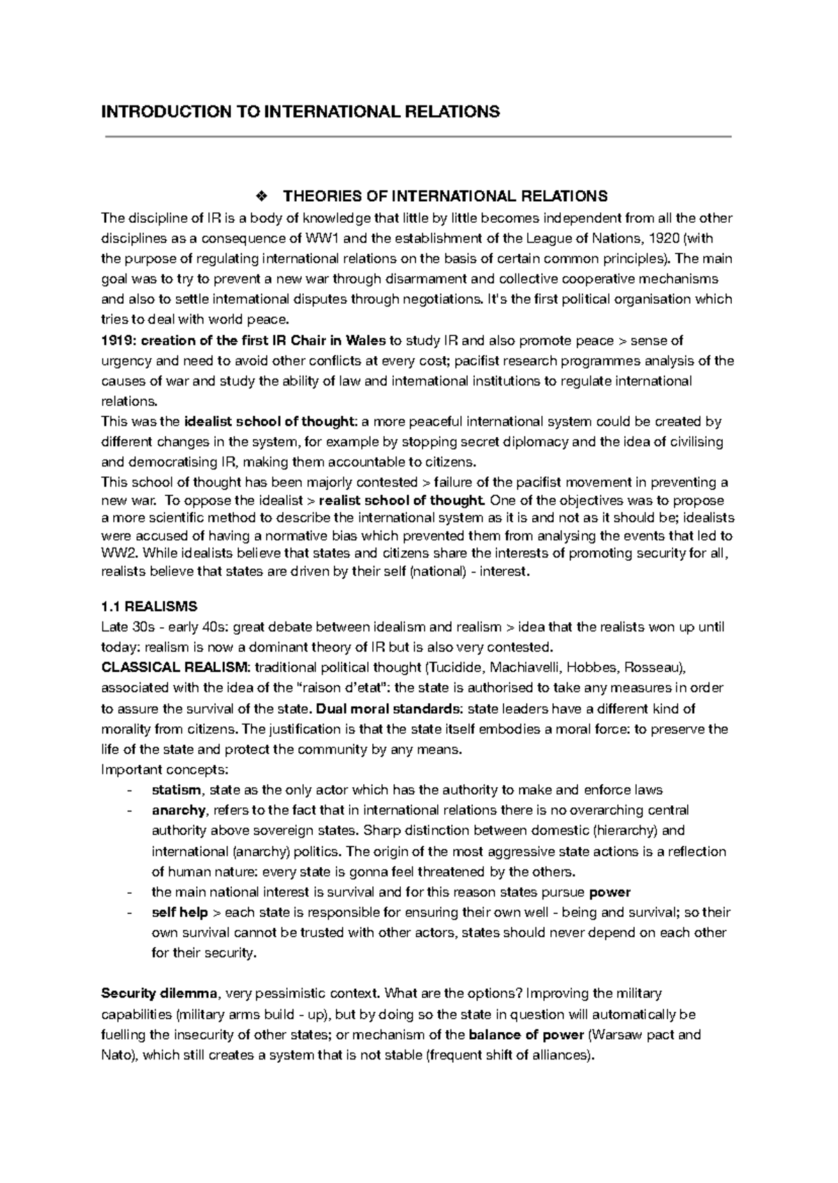 Introduction to International relations, premier examen - INTRODUCTION TO INTERNATIONAL ...