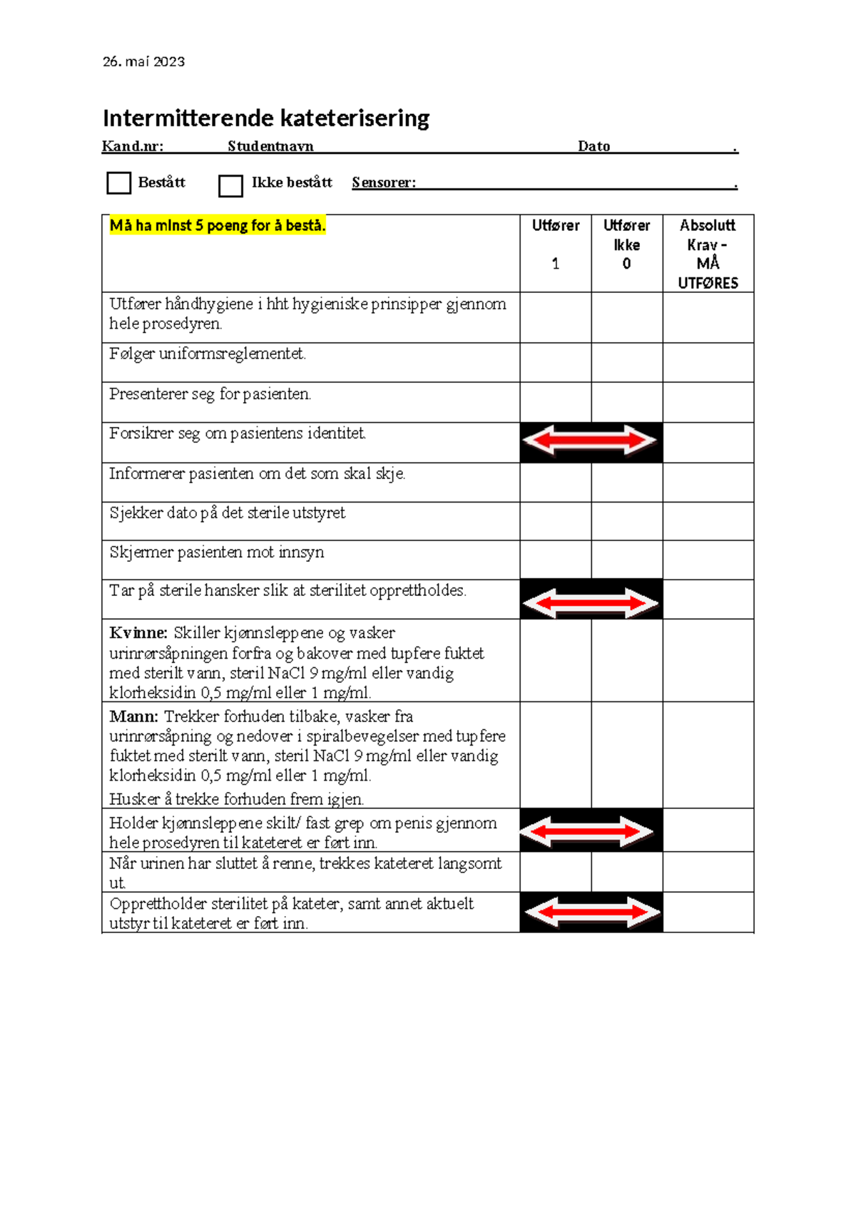 OSCE skjemaene Metode 1 2023-2024 - Intermitterende kateterisering Kand ...