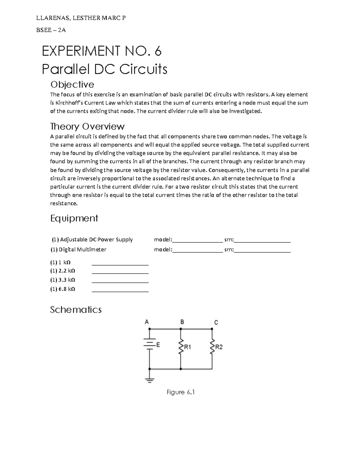Experiment NO. 6 - Study well - LLARENAS, LESTHER MARC P BSEE – 2A EXPERIMENT NO. 6 Parallel DC ...
