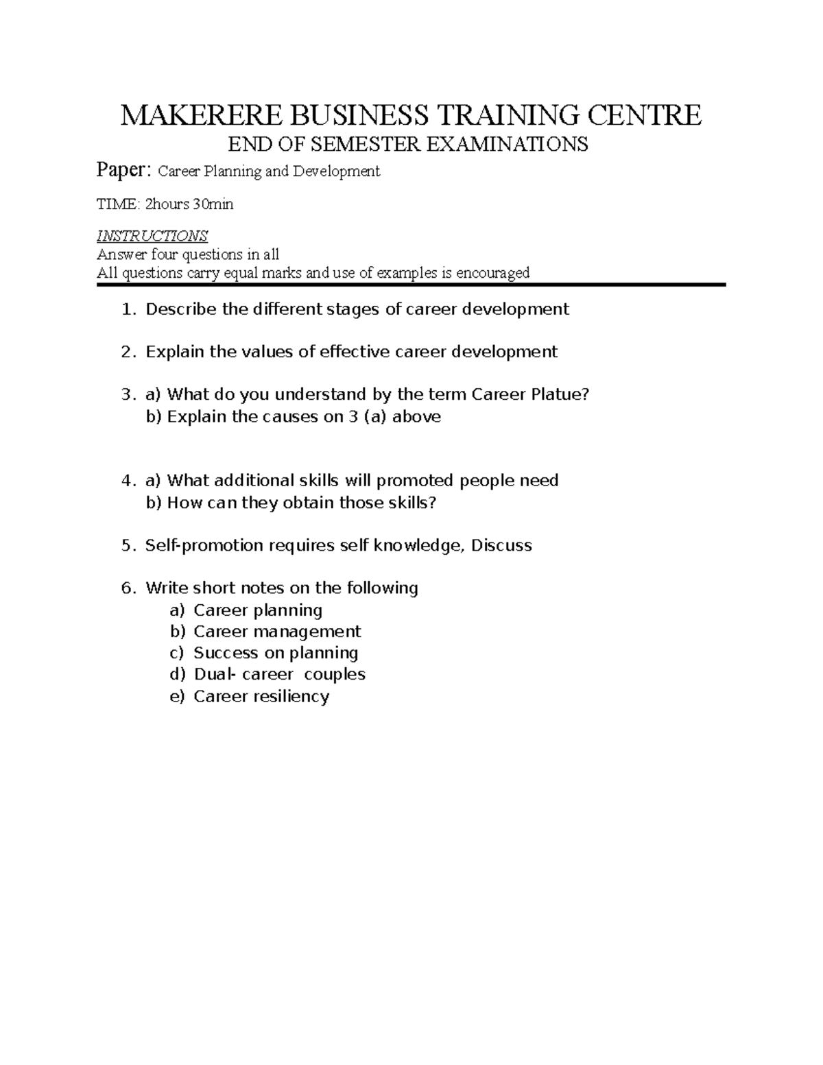 Career planning - questions - MAKERERE BUSINESS TRAINING CENTRE END OF ...