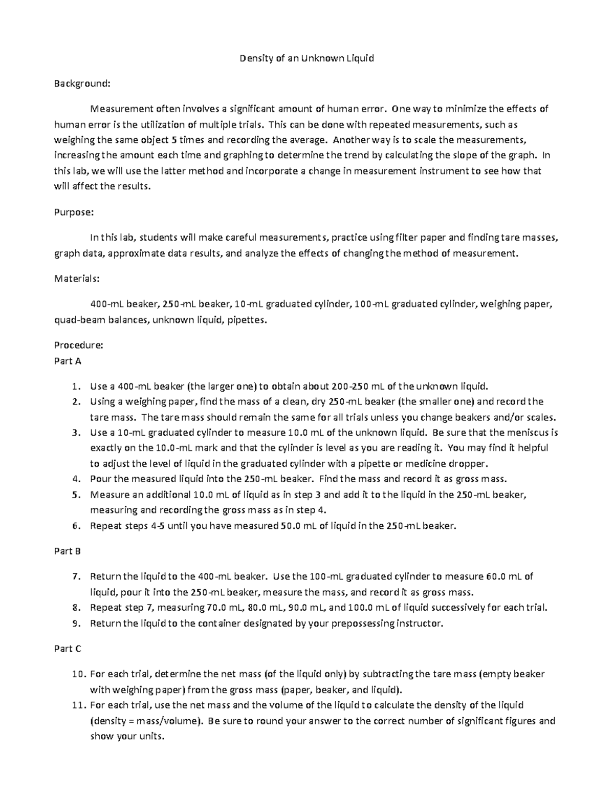 Liquid Density Lab - Density of an Unknown Liquid Background ...