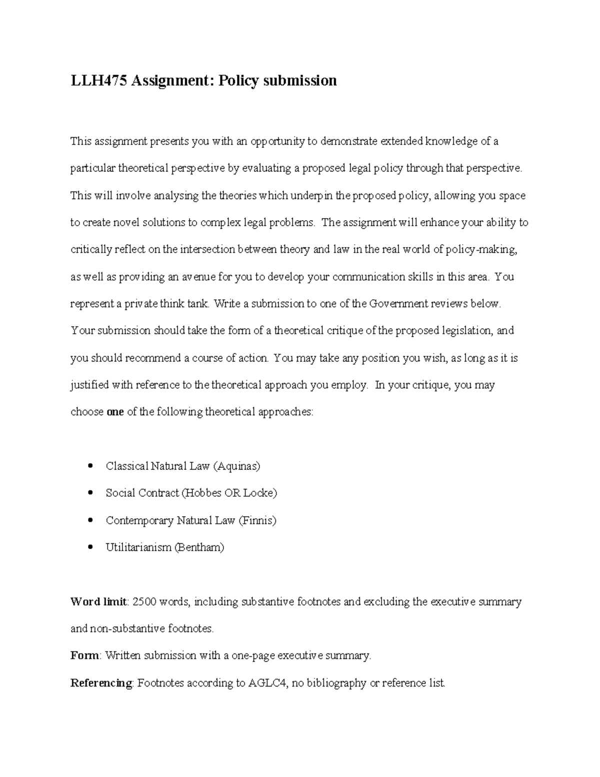 LLH475 Assignment Task Sheet - LLH475 Assignment: Policy submission ...