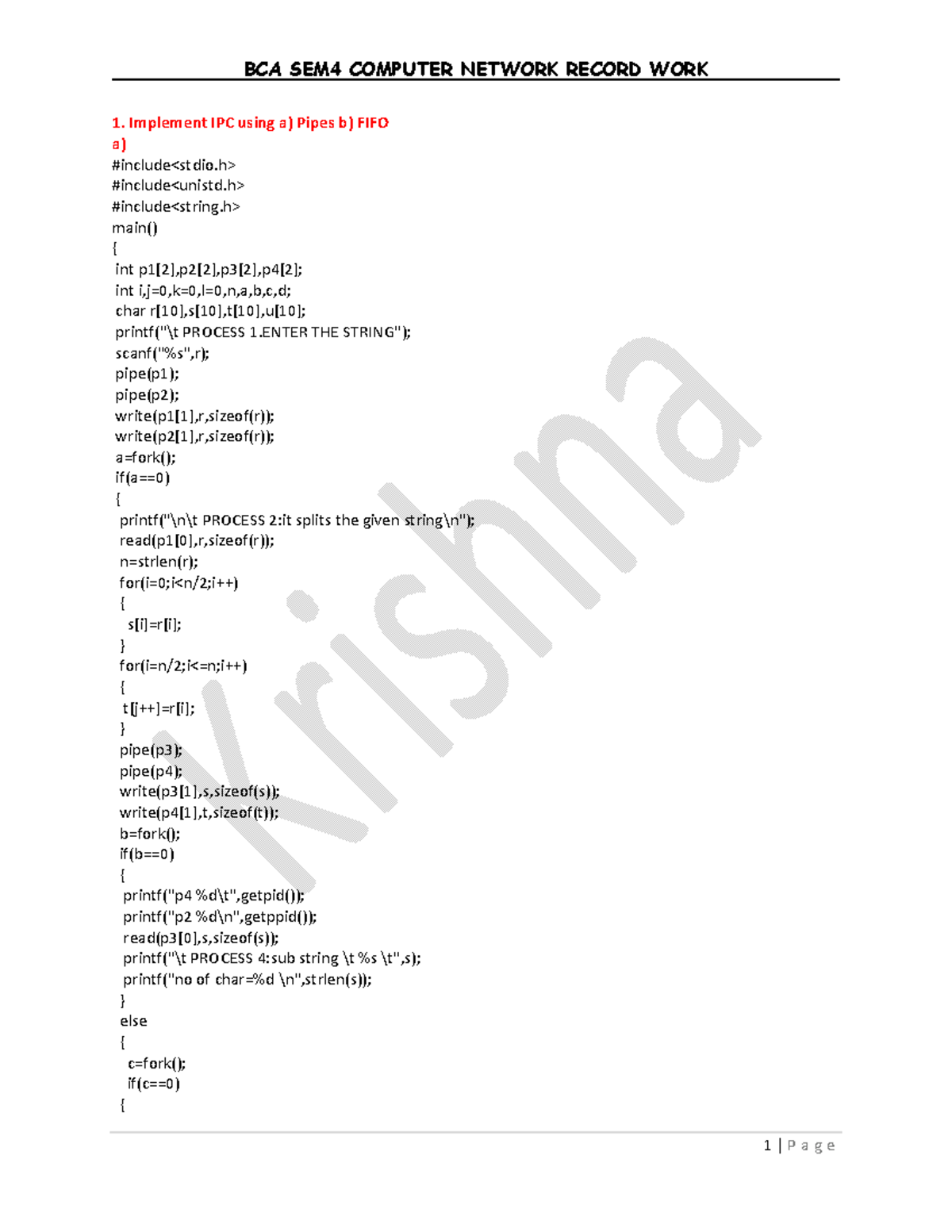 BCA2 SEM4 Computer Networks Record - Implement IPC using a) Pipes b ...