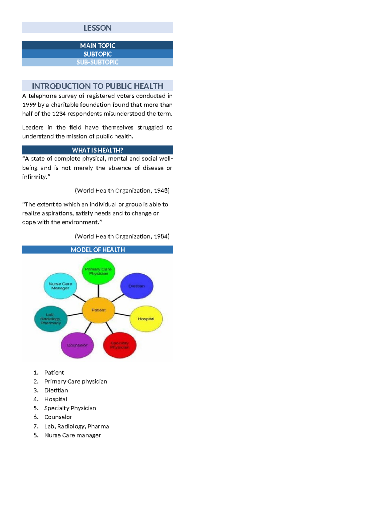 Intro to Public Health - LESSON MAIN TOPIC SUBTOPIC SUB-SUBTOPIC ...