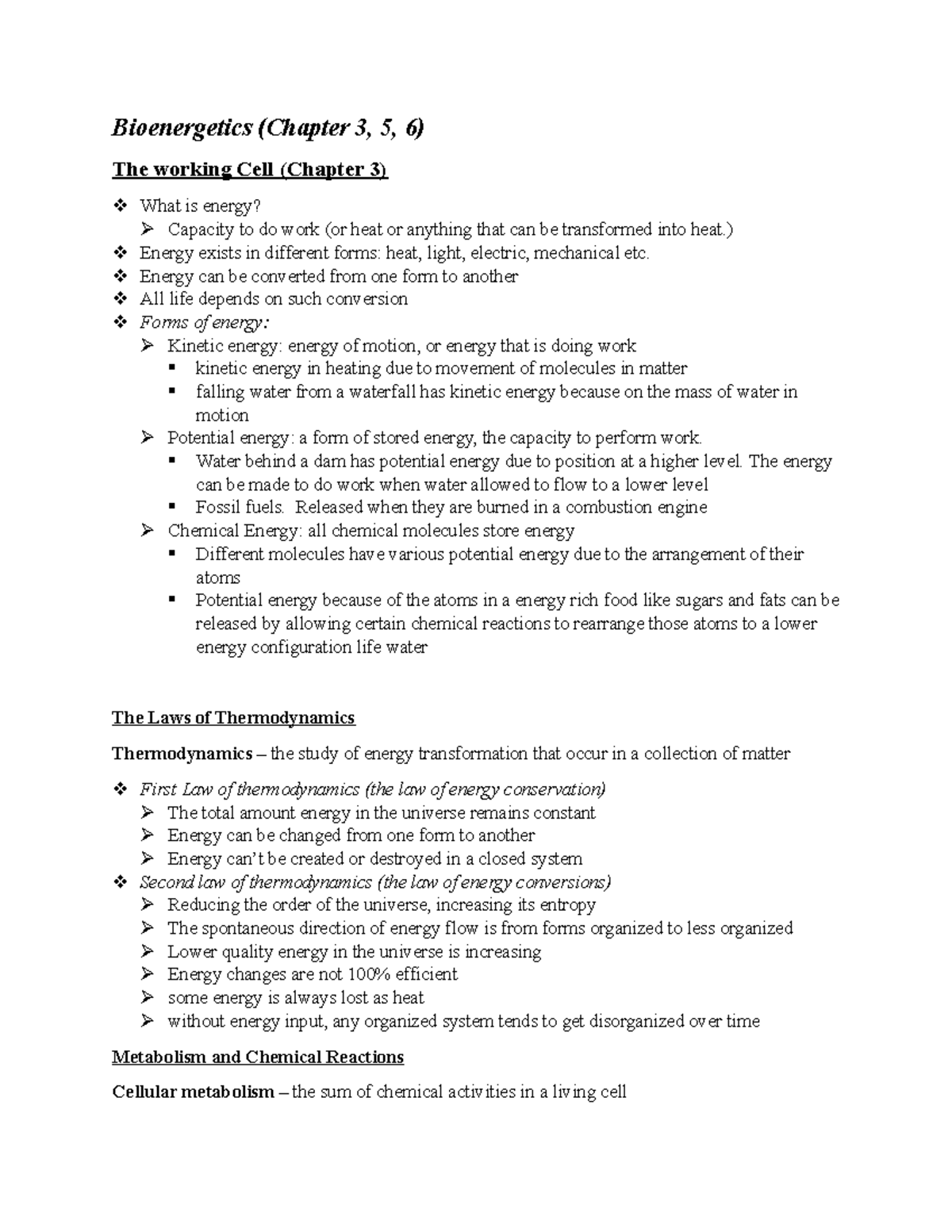Biology 120 notes Chapters 3, 5 , 6 - Bioenergetics (Chapter 3, 5, 6 ...