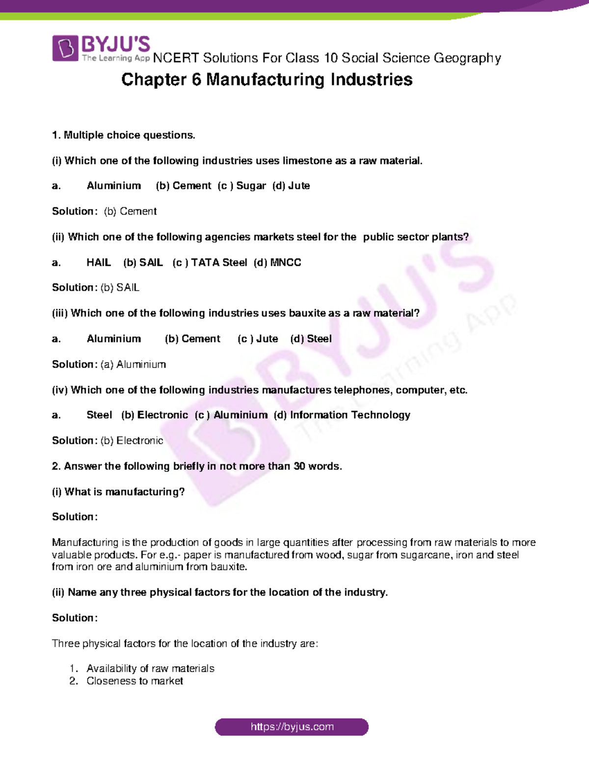 Ncert Solutions dec15 Class 10 Social Science Geography Chapter 6 Manufacturing Industries - Studocu