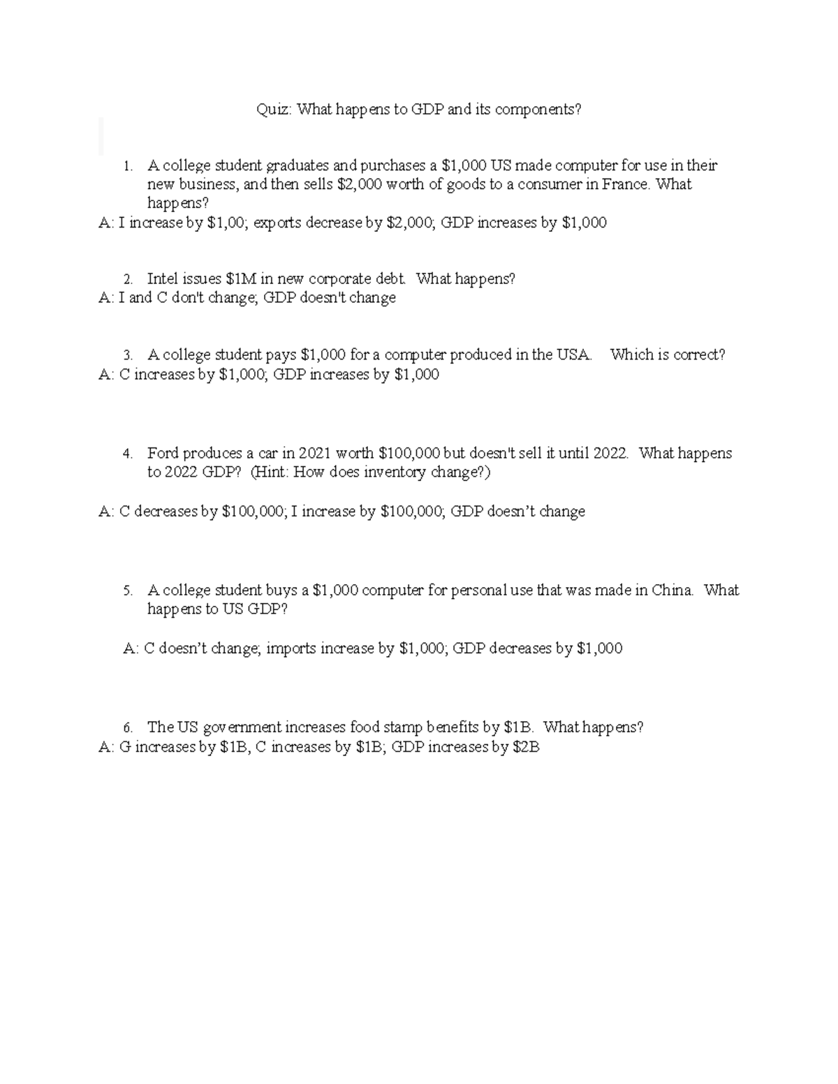 Quiz for ECON class - Quiz: What happens to GDP and its components? A ...