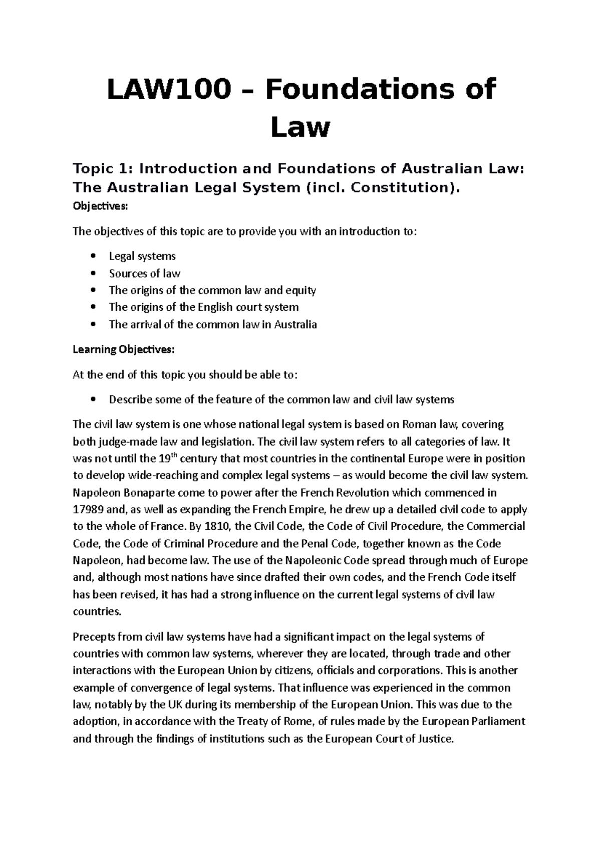 LAW100 - Weekly tasks - Tutorial work based on learning outcomes and ...