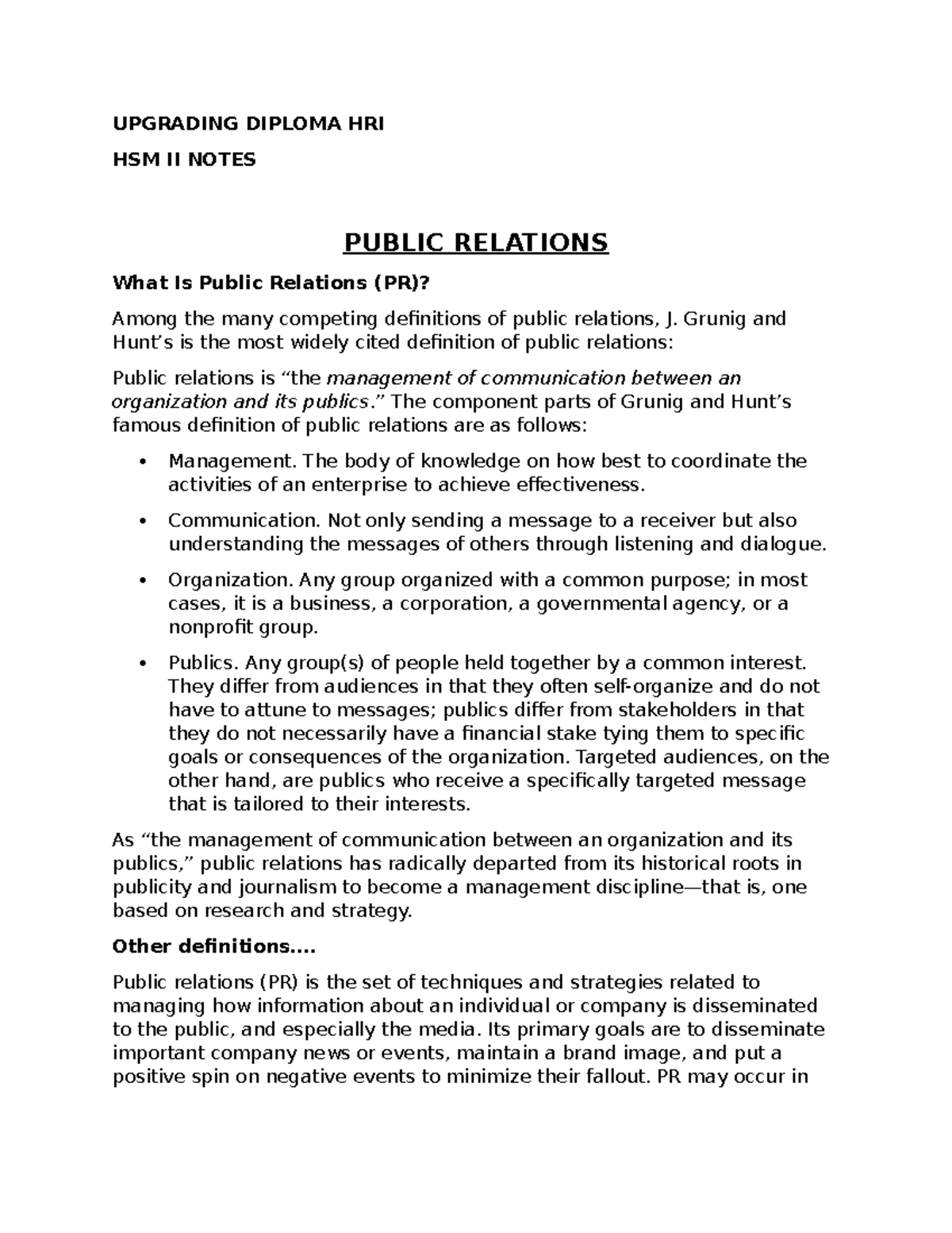 HSM II Notes - UPGRADING DIPLOMA HRI HSM II NOTES PUBLIC RELATIONS What ...