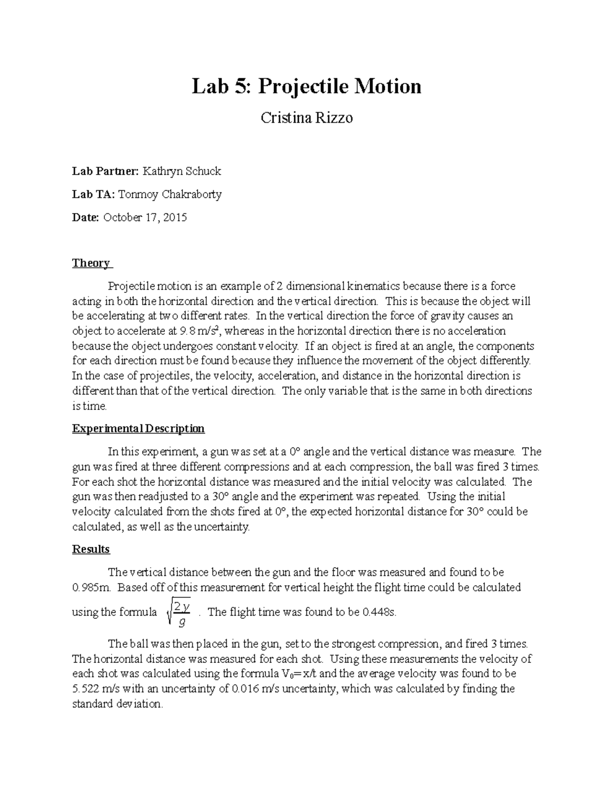 Physics fall lab 5 write up - Lab 5: Projectile Motion Cristina Rizzo ...
