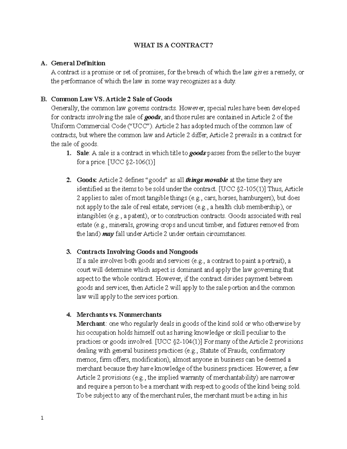 Contracts Outline - Rules - WHAT IS A CONTRACT? A. General Definition A ...