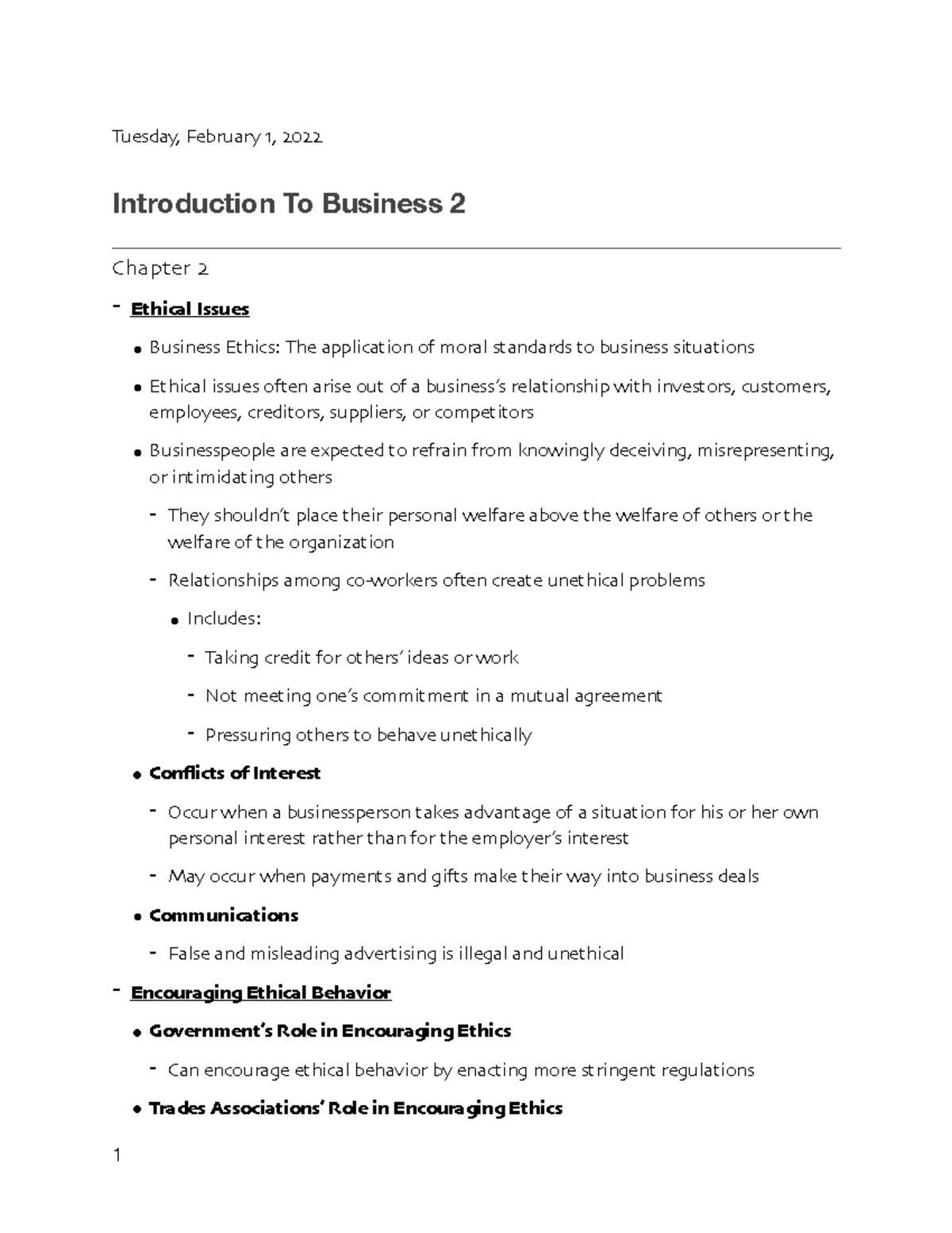 Intro to Business Chpt 2 - Tuesday, February 1, 2022 Introduction To ...