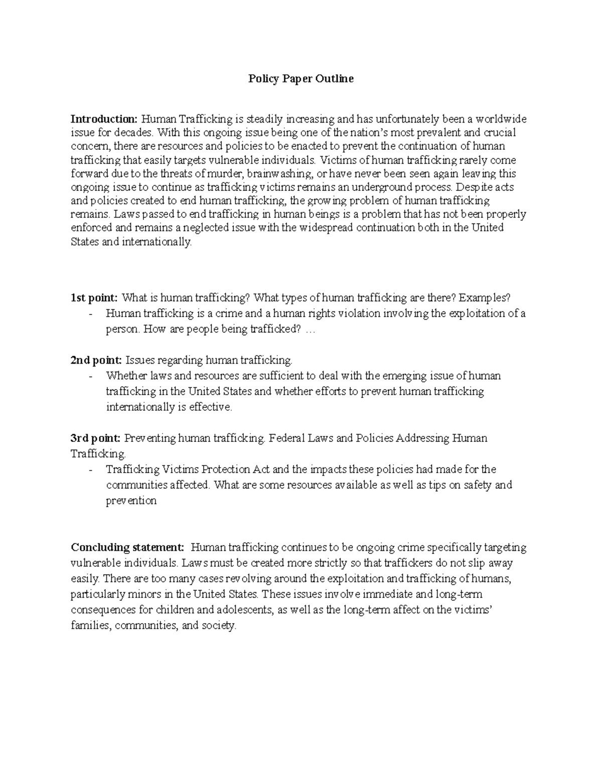 Policy Paper Outline - Policy Paper Outline Introduction: Human ...