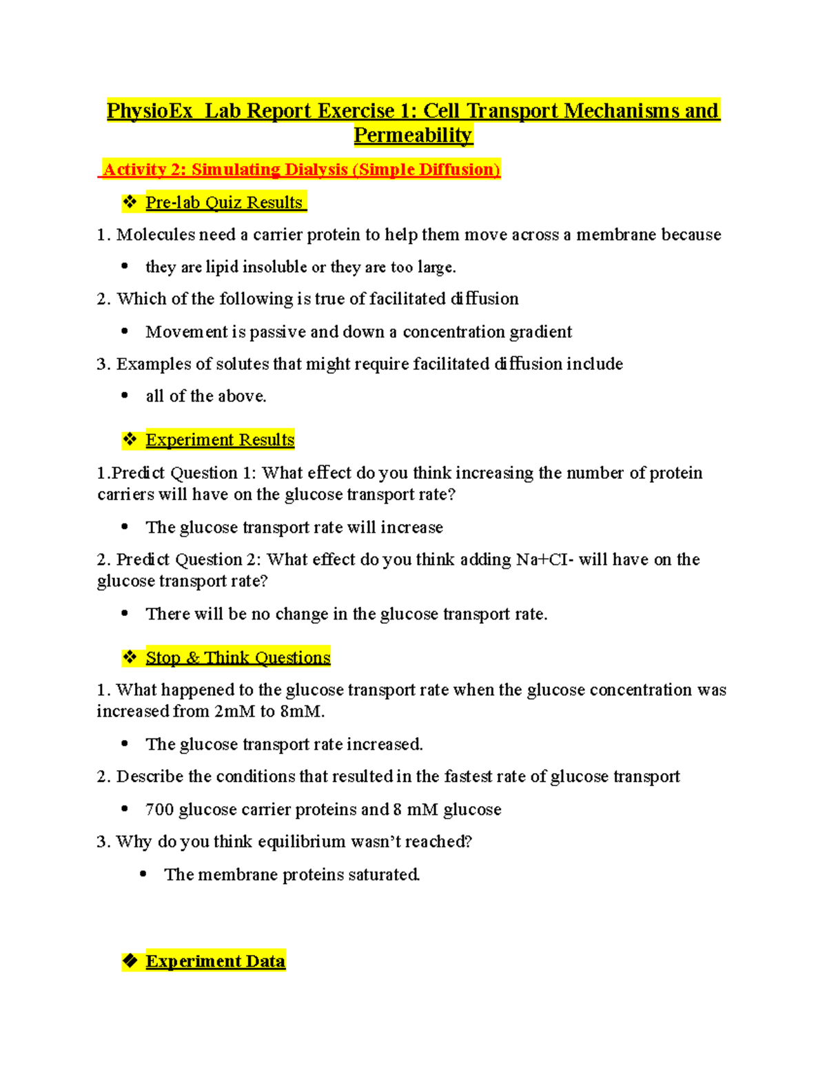 Lab Report Ex 1 Activity 2 - PhysioEx Lab Report Exercise 1: Cell ...