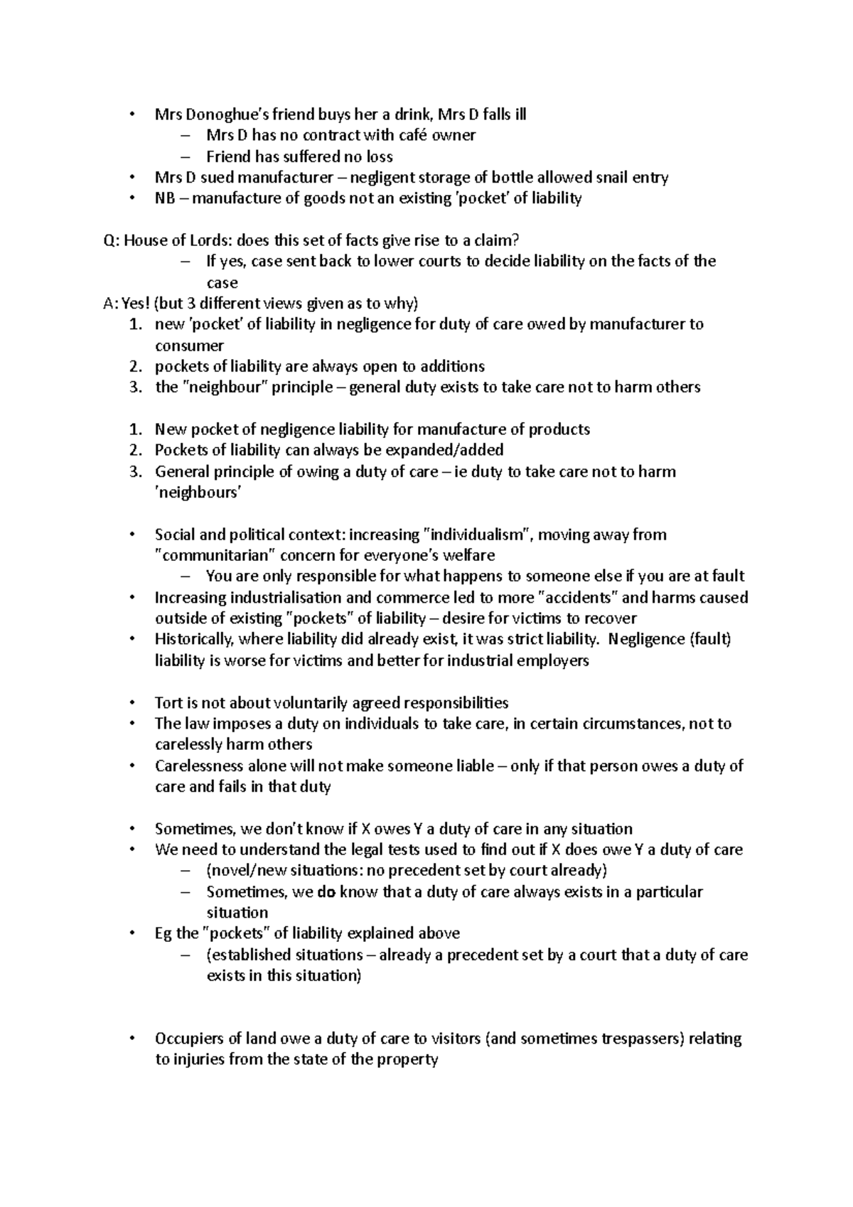 Tort 5 - Lecture notes 5 - Mrs Donoghue’s friend buys her a drink, Mrs ...
