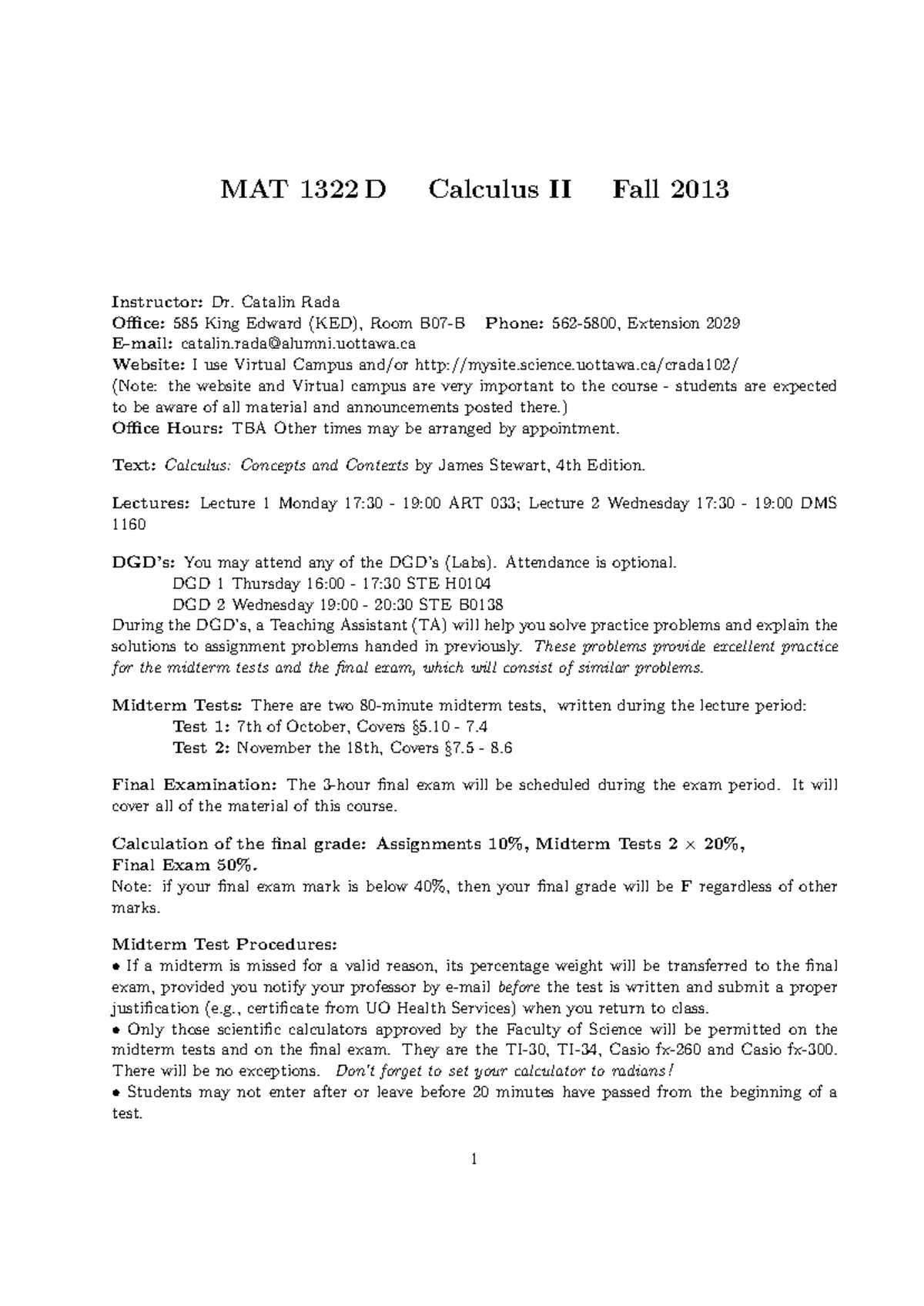 Outline - MAT 1322 D Calculus II Fall 2013 Instructor: Dr. Catalin Rada ...