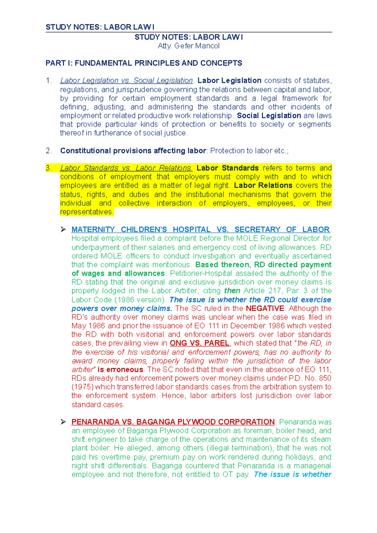 Study Notes Labor Law 1 - STUDY NOTES: LABOR LAW I STUDY NOTES: LABOR ...