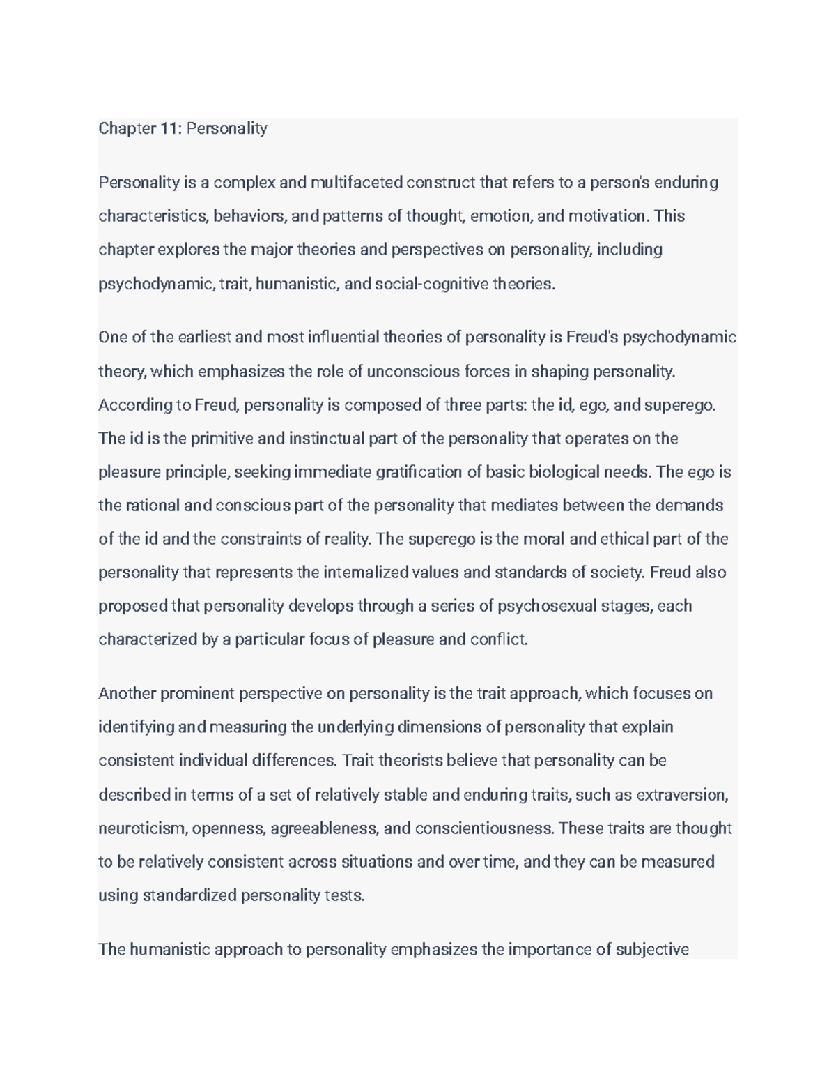 Intro to General Psychology - Chapter 11: Personality Personality is a ...