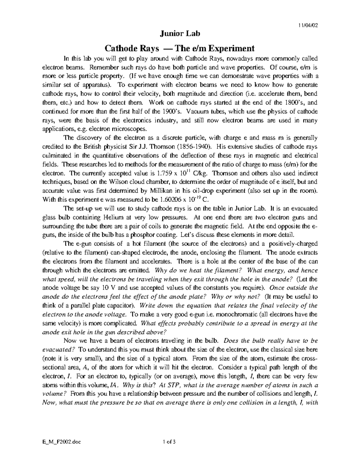 E M F2002 - Cathode rays experiment - 11/04/ Junior Lab E_M_F2002 1 of ...