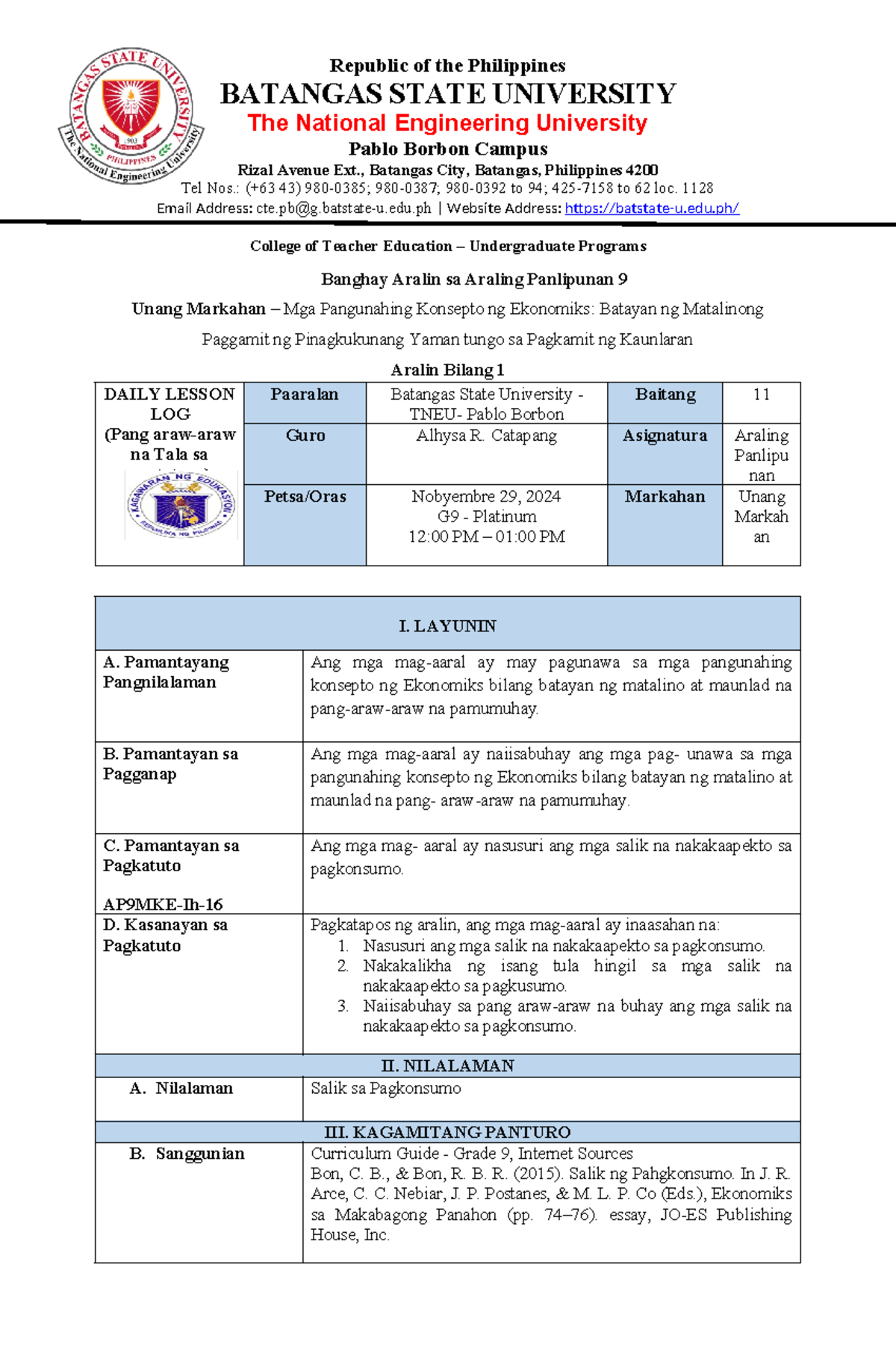 Lesson-Plan-AP-9-Pagkunsumo 080047 - BATANGAS STATE UNIVERSITY The ...