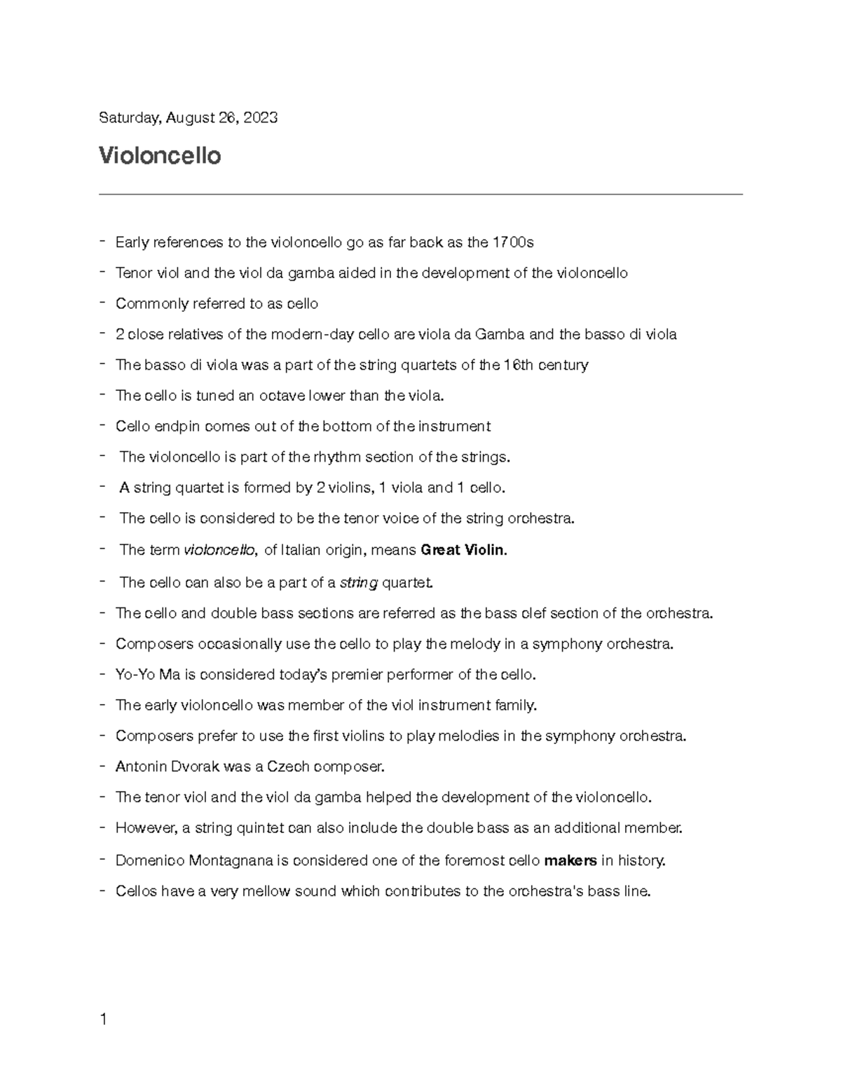 Violoncello Notes - Saturday, August 26, 2023 Violoncello - Early ...