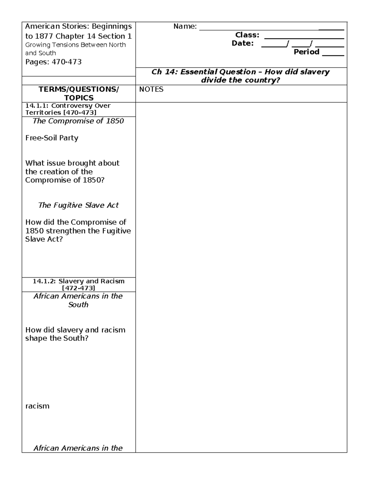 Cornell Notes Ch 14 Sec 1 - On Level 1 - American Stories: Beginnings ...