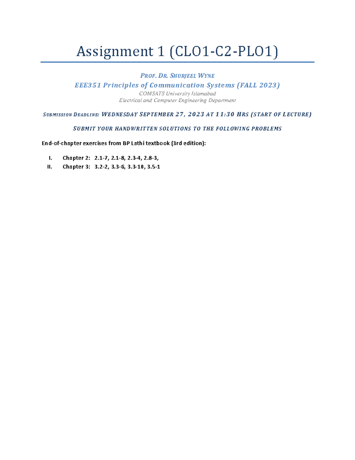 2023FA EEE351 PCS Assign 1 - Assignment 1 (CLO1-C2-PLO1) P ROF. D R. S ...