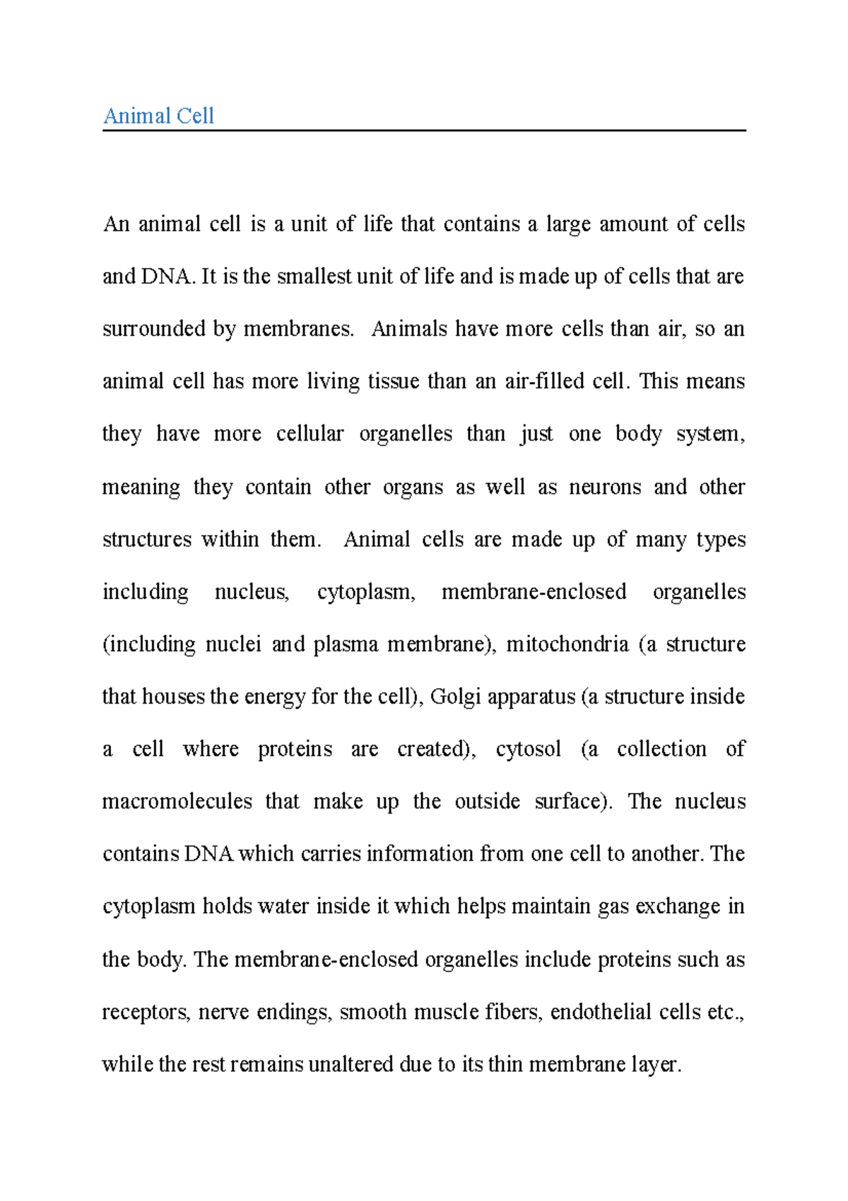 Animal Cell - mehul - Animal Cell An animal cell is a unit of life that ...