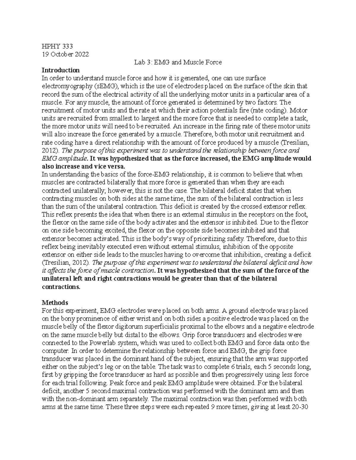 Lab 3 Report (Bilateral Deficit) - HPHY 333 19 October 2022 Lab 3: EMG ...