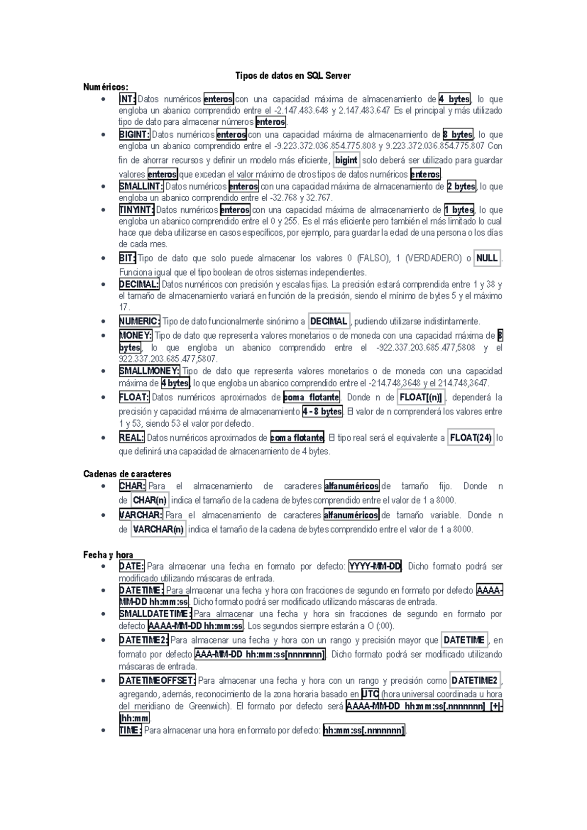Tipos De Datos En Sql Server Tipos De Datos En Sql Server Numéricos